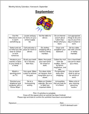 Monthly Activity Calendars:Homework: September (secondary/special needs ...