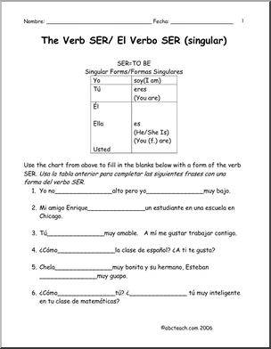 Spanish: Spanish 1 Ã± PrÂ·ctica de “Ser” singular (secundaria). – Abcteach