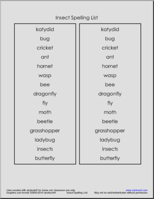 Spelling Words: Insects – Abcteach