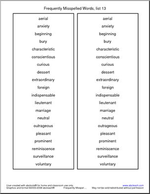 Frequently Misspelled Words (list 13) Spelling List – Abcteach