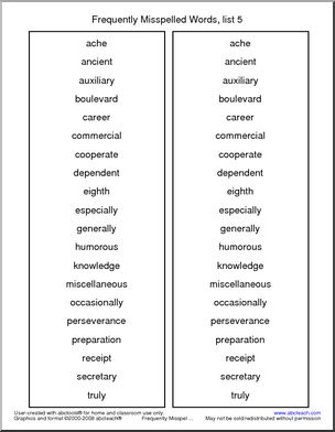 Frequently Misspelled Words (list 5) Spelling List – Abcteach