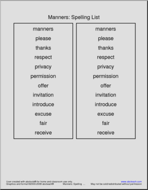 Spelling List: Manners – Abcteach