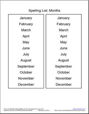 Spelling List: Months – Abcteach