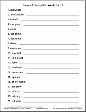 Frequently Misspelled Words (list 12) Crossword – Abcteach