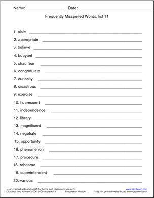 Frequently Misspelled Words (list 11) Spelling Set – Abcteach