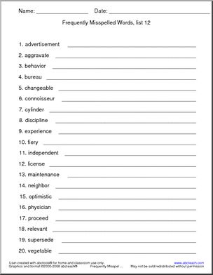 Frequently Misspelled Words (list 15) Spelling List – Abcteach