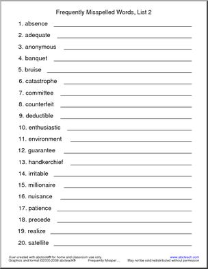 Frequently Misspelled Words (list 2) Spelling Set – Abcteach