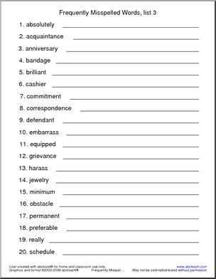 Frequently Misspelled Words (list 6) Missing Letters – Abcteach