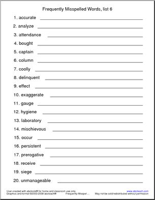 Frequently Misspelled Words (list 6) Spelling Set – Abcteach