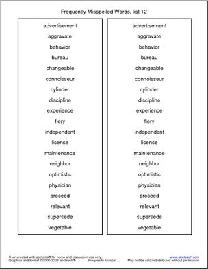 Frequently Misspelled Words (list 12) Spelling List – Abcteach