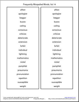 Frequently Misspelled Words (list 14) Spelling List – Abcteach