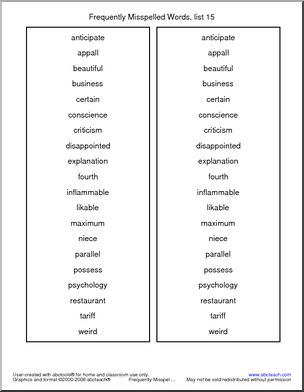 Frequently Misspelled Words (list 15) Spelling List – Abcteach