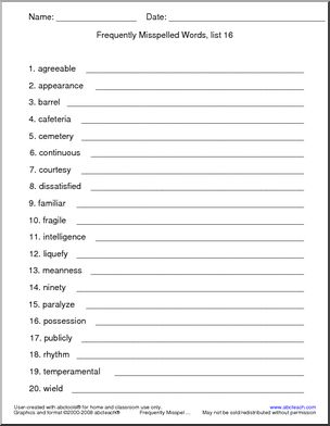 Frequently Misspelled Words (list 16) Spelling Set – Abcteach