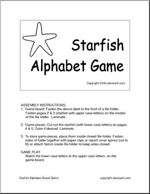 Board Game: Alphabet Starfish (preschool) – b/w – Abcteach