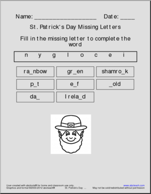 Missing Letters: St. Patrick’s Day (primary) – Abcteach