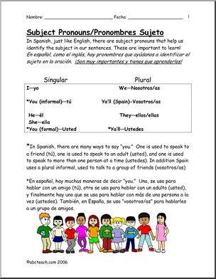 Spanish: Spanish 1 – Los Pronombres Sujeto (secundaria) – Abcteach