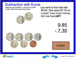 Interactive: Notebook: Math: Subtraction-Euro Coins – Abcteach