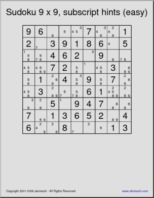 Sudoku 9×9, number hints, easy – Abcteach