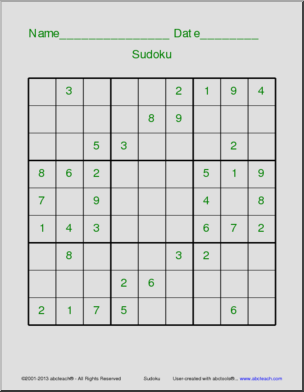 Sudoku: 9×9 Grid – Abcteach