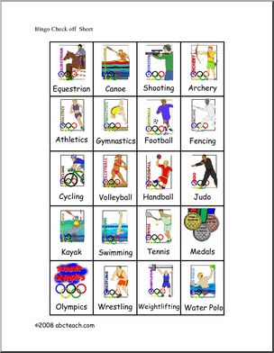Bingo Cards: Summer Olympics (elem) – check sheet (color) – Abcteach