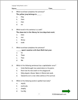 Language Arts (Level 4) Testing Practice – Abcteach