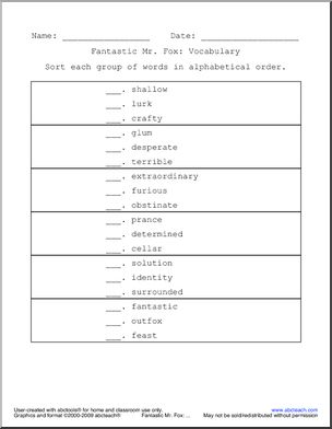 Fantastic Mr. Fox Vocabulary (upper elem) ABC Order – Abcteach