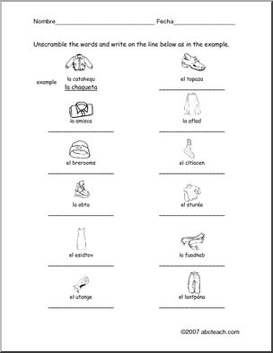 Spanish: Unscramble Clothing Vocabulary – Abcteach