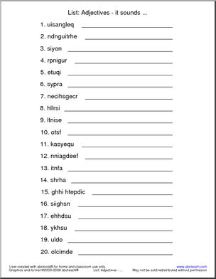 Unscramble the Words: Adjectives – it sounds – Abcteach