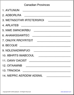 Unscramble the Words: Canadian Provinces – Abcteach