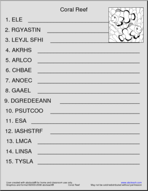 Unscramble the Words: Coral Reef – Abcteach