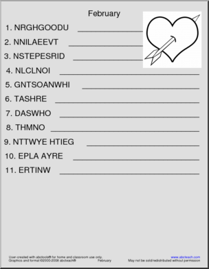 Unscramble the Words: February – Abcteach