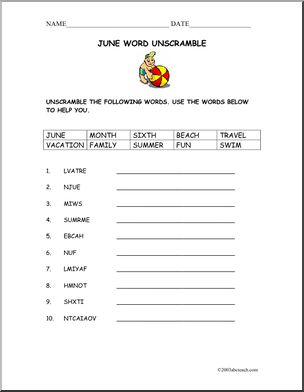 Unscramble the Words: June – Abcteach