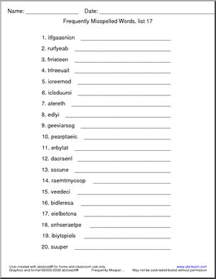 Frequently Misspelled Words (list 16) Missing Letters – Abcteach