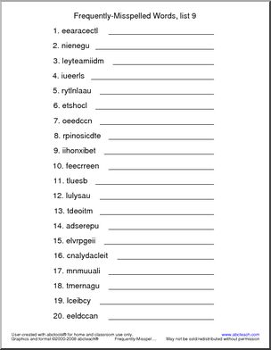 Frequently Misspelled Words (list 6) Spelling Set – Abcteach