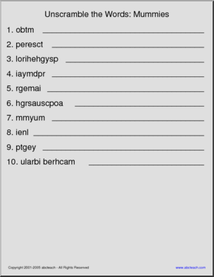 Mummies in the Morning (elementary) Unscramble the Words – Abcteach