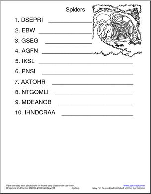 Unscramble the Words: Spiders – Abcteach