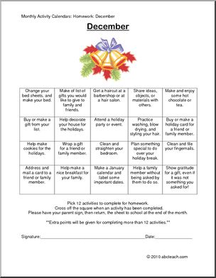 Monthly Activity Calendars: Homework: December (upper elementary ...