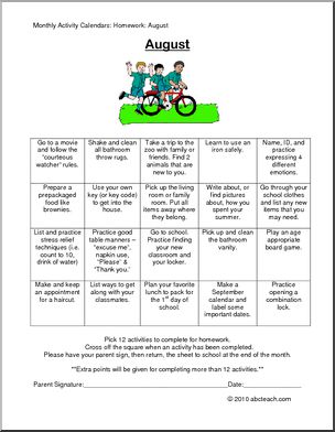 Monthly Activity Calendars: Homework: September (upper elementary ...