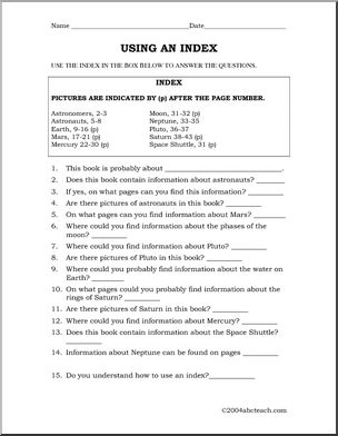 Worksheet: Using an Index (elem/ upper elem) – Abcteach