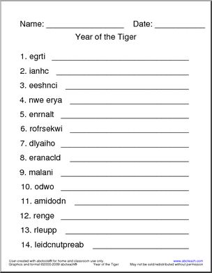Unscramble the Words: Year of the Tiger – Abcteach