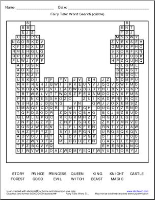 Fairy Tale Words (castle shape) Word Search – Abcteach