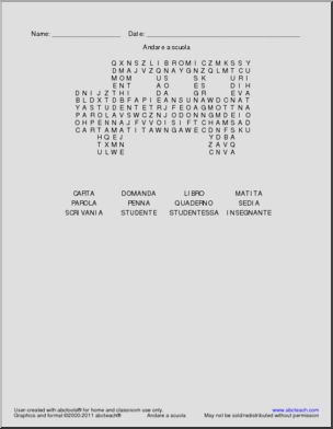Italian: Word Search–School Items – Abcteach