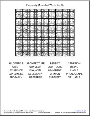 Frequently Misspelled Words (list 10) Word Search – Abcteach