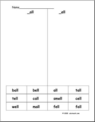 Phonics & Spelling (_all/_ell)’ Word Sort – Abcteach