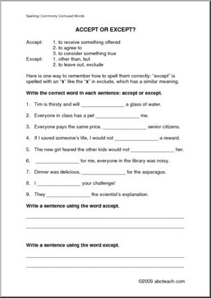 Spelling – Accept or Except? Worksheet – Abcteach