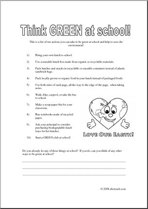 Worksheet: Go Green at School (elem/upper elem) – Abcteach
