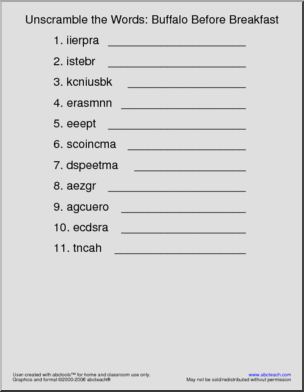 Buffalo Before Breakfast Unscramble the Words – Abcteach