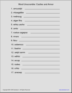 Castles and Armory (elementary) Unscramble the Words – Abcteach