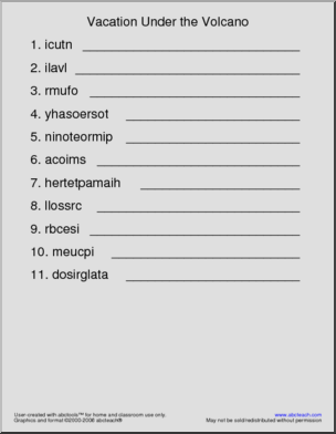 Vacation Under the Volcano Unscramble the Words – Abcteach