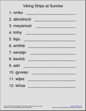 Viking Ships at Sunrise (primary/elem) Unscramble the Words – Abcteach